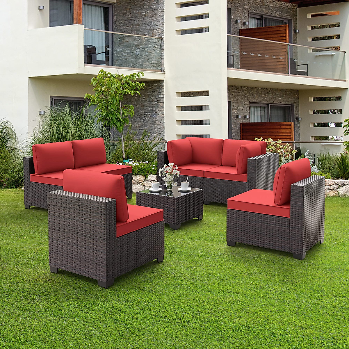 Grezone Patio Furniture Set 7 Piece Outdoor Wicker Sectional Sofa - All Weather PE Rattan Couch Conversation Set with Cushion & Glass Top Table for Backyard Deck Porch,Red