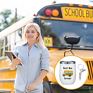 Rtteri 2 Pcs Bus Driver Appreciation Gifts School Bus Driver Gifts for Women Men Bus Driver Keychain Stainless Steel Bus Driver Tumbler Cup 12oz with Lid and Straw for Back to School Present (Cute)