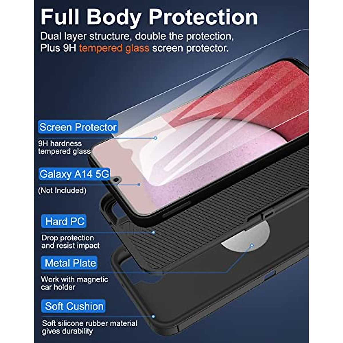 Dahkoiz for Samsung Galaxy A14 5G Case, with Tempered Glass Screen Protector and Dust-Proof Port Cover, Full Body Protection Rubber Cover Phone Case for Samsung Galaxy A14 5G, Black/Black