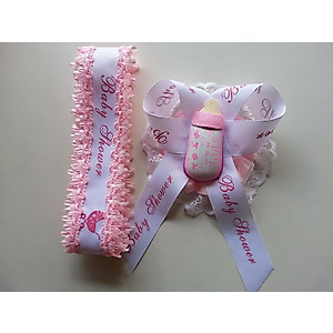 Welcome Baby Shower Mom To Be It's a Girl Sash Pink Bottle Ribbon and Corsage