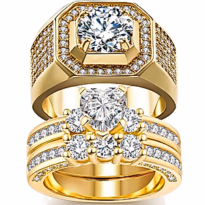 2 Rings His and Hers Couple Rings Bridal Sets Yellow Gold Filled Heart Cz Womens Wedding Ring Sets Man Wedding Bands