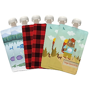 Sage Spoonfuls Squeezie Reusable Baby Food Storage Pouches - 12-Pack 7-Ounce Capacity - Fruit Dot - Leakproof, Easy-to-Fill, Freezer & Dishwasher Safe - Camping Prints