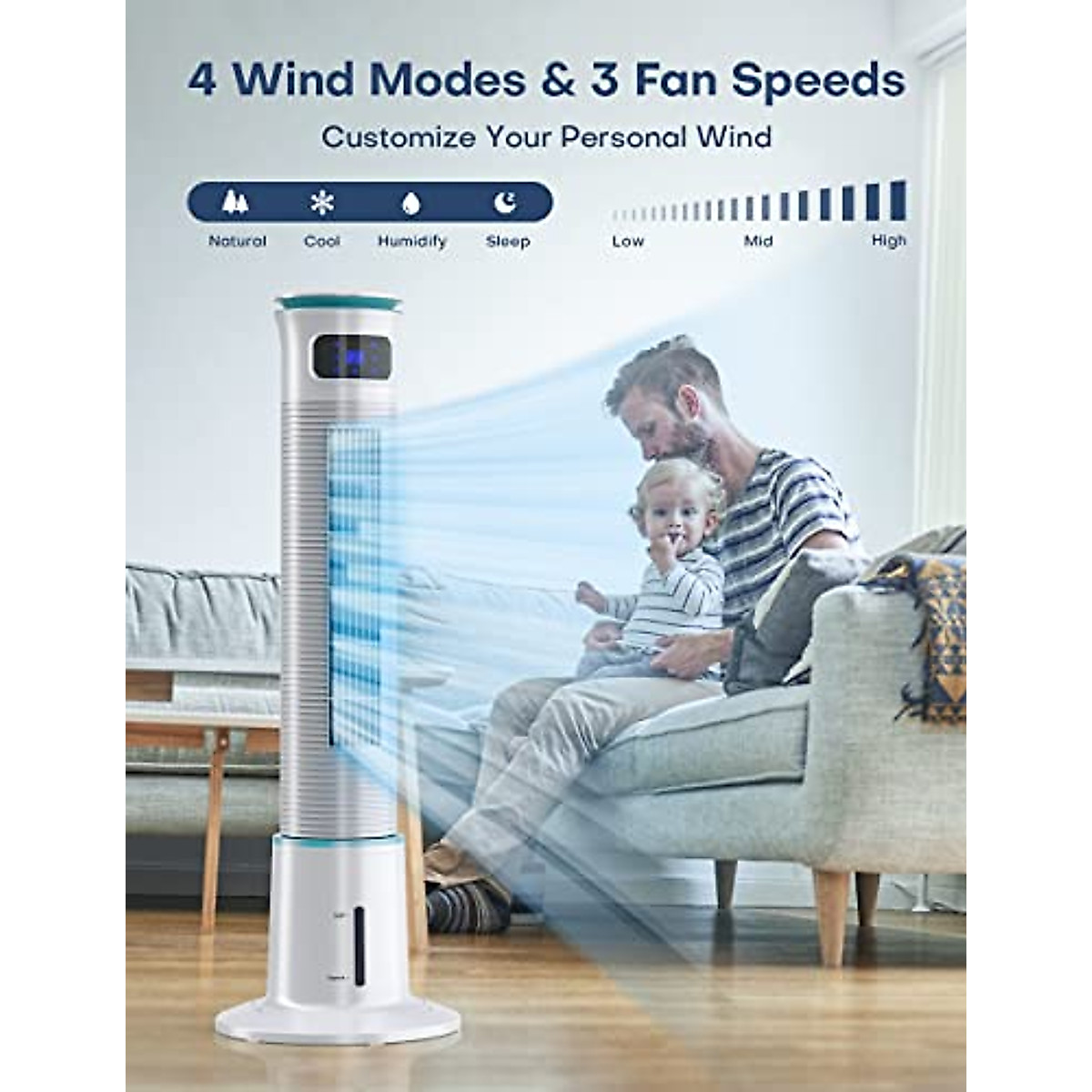 43-INCH Evaporative Air Cooler, BREEZEWELL Windowless Air Conditioner Portable for Room, 70°Oscillating Cooling Fan w/LED Screen, 15H Timer & Remote, 4 Modes & 3 Speeds, Air Cooler for Bedroom Office