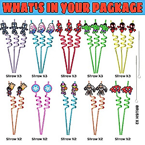 25pcs Spider Party Favors Reusable Drinking Straws, 10 Designs Amazing Friends Birthday Party Supplies with 2 Cleaning Brush