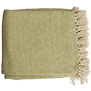 Cotton Throw Blanket Green Beige Chevron Patterned | Sofa Bed Couch Blankets with Fringe | Sage Chartreuse | Warm Lightweight | Decorative Living Room Home Decor | Farmhouse Picnic Beach Camping