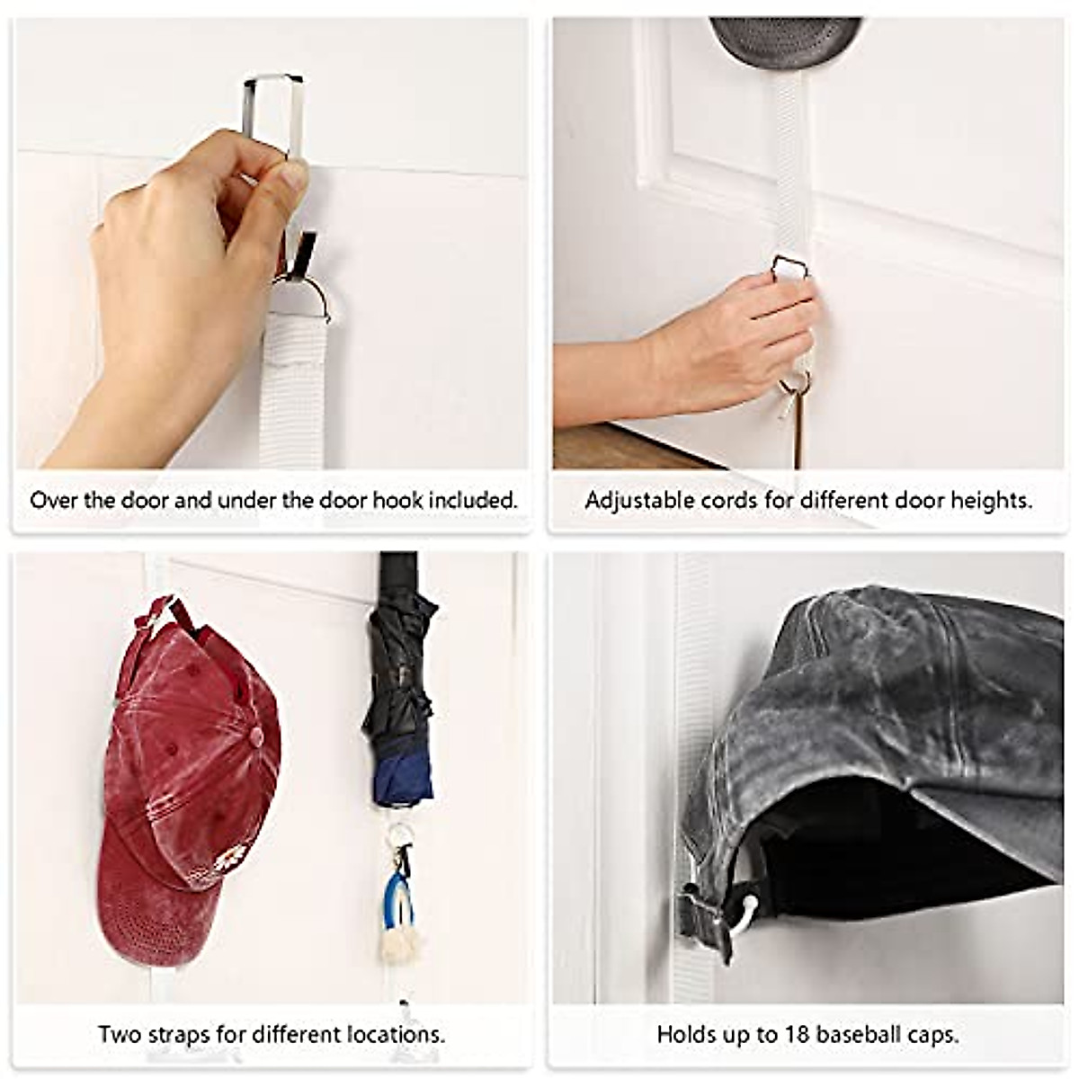 2 Pieces Adjustable Door Cap Rack Closet Hanging Cap Organizer Hanging Cap Keeper Baseball Cap Holder Hanging Cap Hook Organizer Hat Display Rack with Hooks Door Hat Storage Hanger (White)