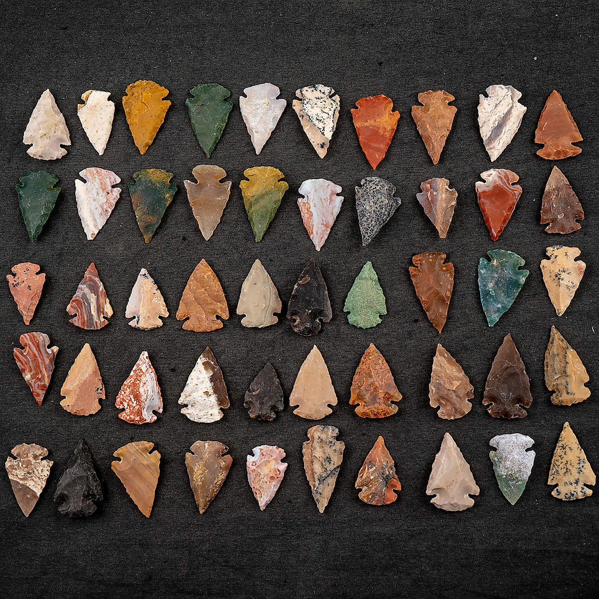 KVK Crystals Lot of 50 Indian Arrowheads Agate Chert Flint New Project Points 1 1/2" L