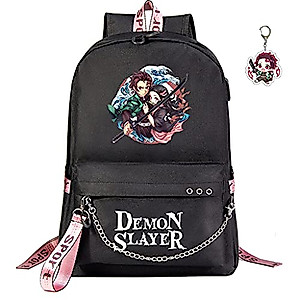 SodaMeow Anime Backpack for School Bag Nezuko Bookbag Tanjiro Kimetsu no Yaiba, Free Keychain, with USB Charging Port (Black-B)