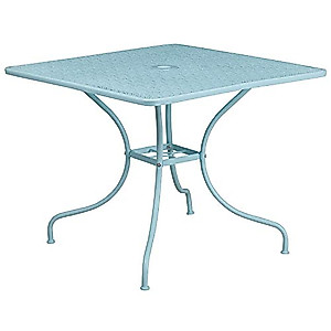Flash Furniture Commercial Grade 35.5" Square Sky Blue Indoor-Outdoor Steel Patio Table Set with 4 Round Back Chairs