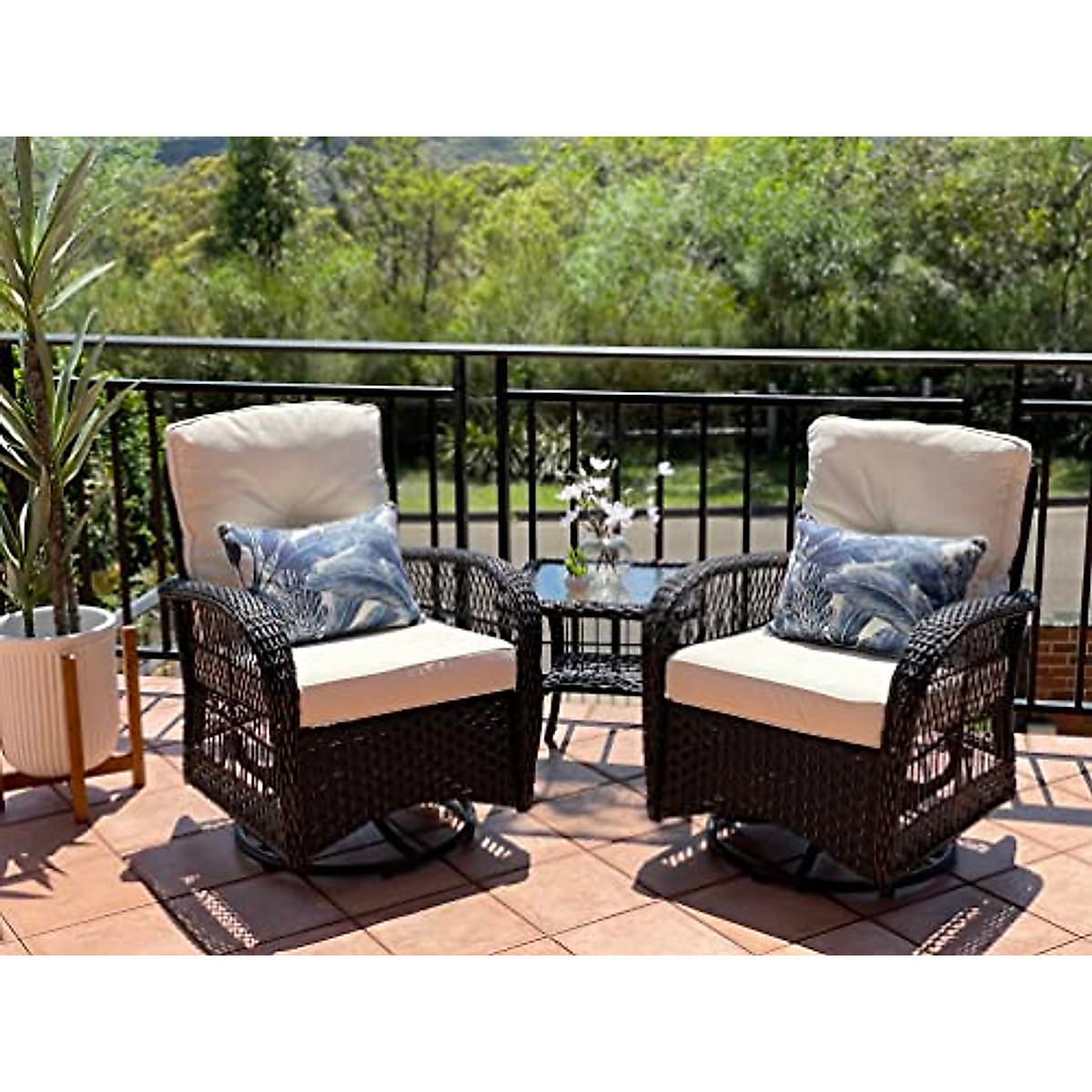 Harlie & Stone Outdoor Swivel Rocker Patio Chairs Set of 2 and Matching Side Table - 3 Piece Wicker Patio Bistro Set with Premium Fabric Cushions Outdoor Furniture (Dark Wicker Chair Beige Cushion)