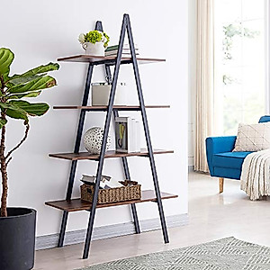 glitzhome 4 Tier Industrial Ladder Bookshelf Wood Metal Bookcase Modern Standing Book Shelves with Rustic Finish Vintage Open Shelf Display Rack Storage Organizer for Bedroom Living Room Home Office