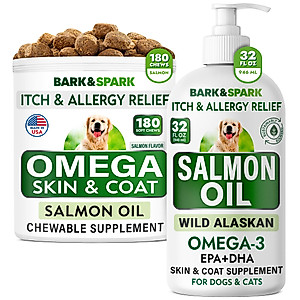 Omega 3 + Salmon Oil for Dogs, Oil Treats for Dog Shedding, Skin Allergy, Itch Relief, Dry Skin & Hot Spots Treatment, Joint Health - Skin and Coat Supplement - EPA & DHA Fatty Acids