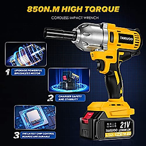 Takuoo 850 N.m Cordless impact wrench,1/2 inch Brushless Impact Wrench,Max Torque 640Ft-lbs(850N.m) electric wrench with 2pcs 4.0Ah Li-ion batteries.6 Sockets Power Impact Driver for Car Pipickup