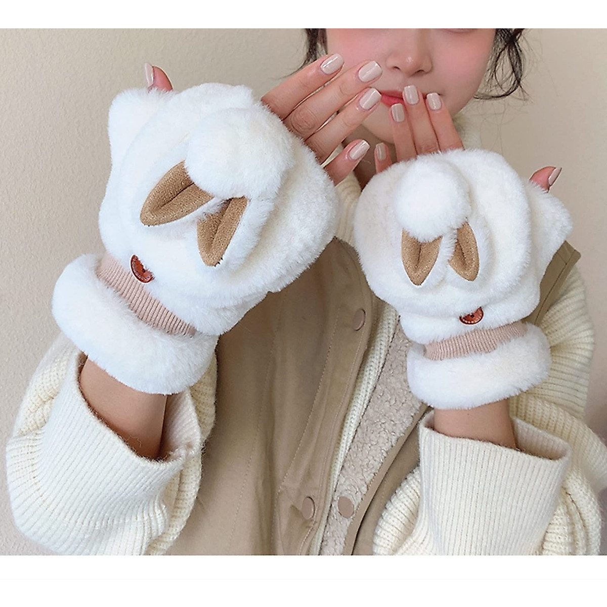 Women Girls Warm Gloves Thicken Cute Rabbit Ears Convertible Flip Top Winter Fingerless Thick Mittens for Teen Student (Color : White, Size : One Size)