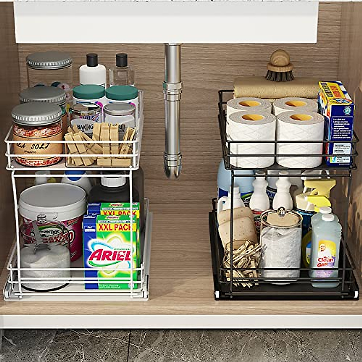 Ronanemon Under Sink Cabinet Organizer Storage with 2 Tier Pull Out Sliding Shelf with Protective Shelf Liners for Kitchen Bathroom Cabinet(White)