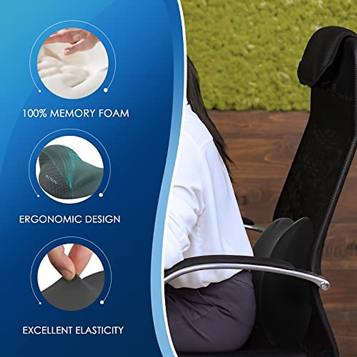 Achiou Lumbar Support Pillow for Office Chair Car Seat Orthopedic Chair, Memory Foam Pad and Back Cushion for Back Pain Relief, Versatile Use Supportive Cushion with Breathable 3D Mesh