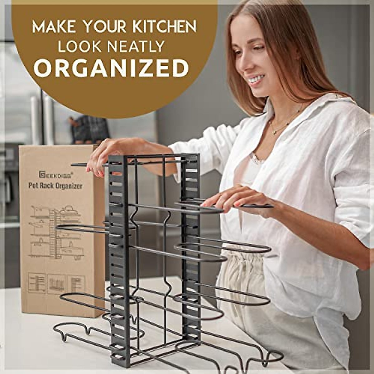 GeekDigg Pot Rack Organizer For Cabinet or Countertop, 3 DIY Methods Pot Rack, Height and Position are Adjustable 8+ Pots and Pan Lid Holder, Black Metal Kitchen Pantry Organizer Upgraded Version