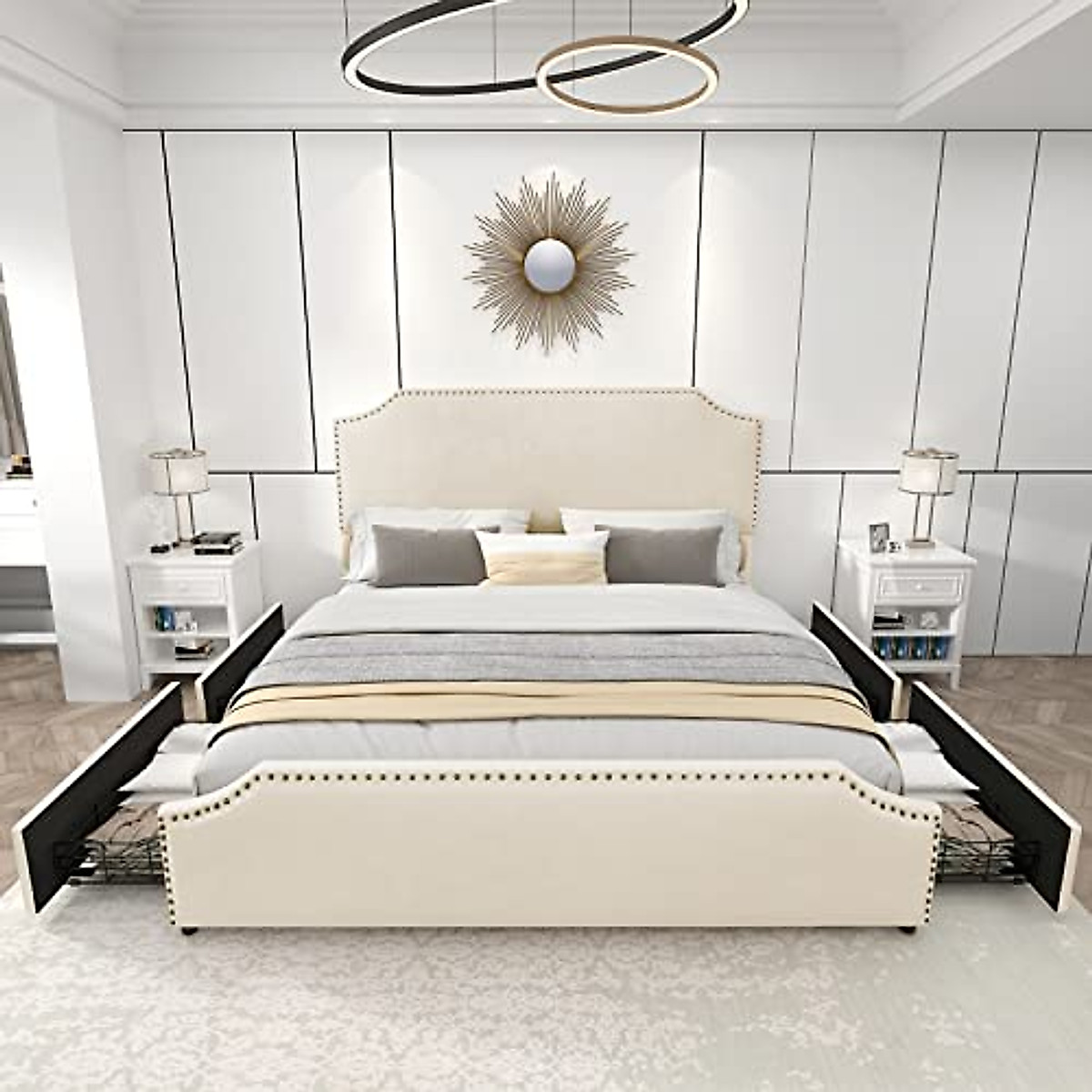 AMERLIFE Queen Size Bed Frame with 4 Storage Drawers and Headboard, Queen Velvet Upholstered Platform Bed with Rivet Curved Adjustable Headboard/Strong Wooden Slats/Easy Assembly/Cream