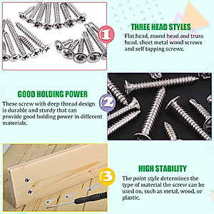 Keadic 325 Pcs 304 Stainless Steel #6#8#10 Self Tapping Screws Assortment Set Contains Round Head & Philips Flat Head & Wafer Head Self Drilling Screw Sheet Metal Screws