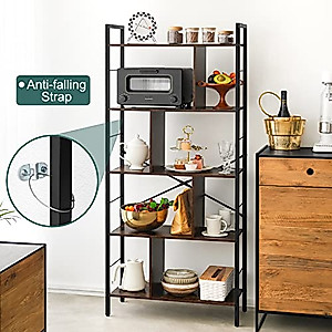 Yoobure 5 Tier Tall Book Shelf, Industrial Bookshelf Storage Bookcase, Open Wood Book Case, Rustic 5 Shelf Display Shelf for Living Room, Modern Standing Book Shelf for Bedroom, Home Office, Kitchen