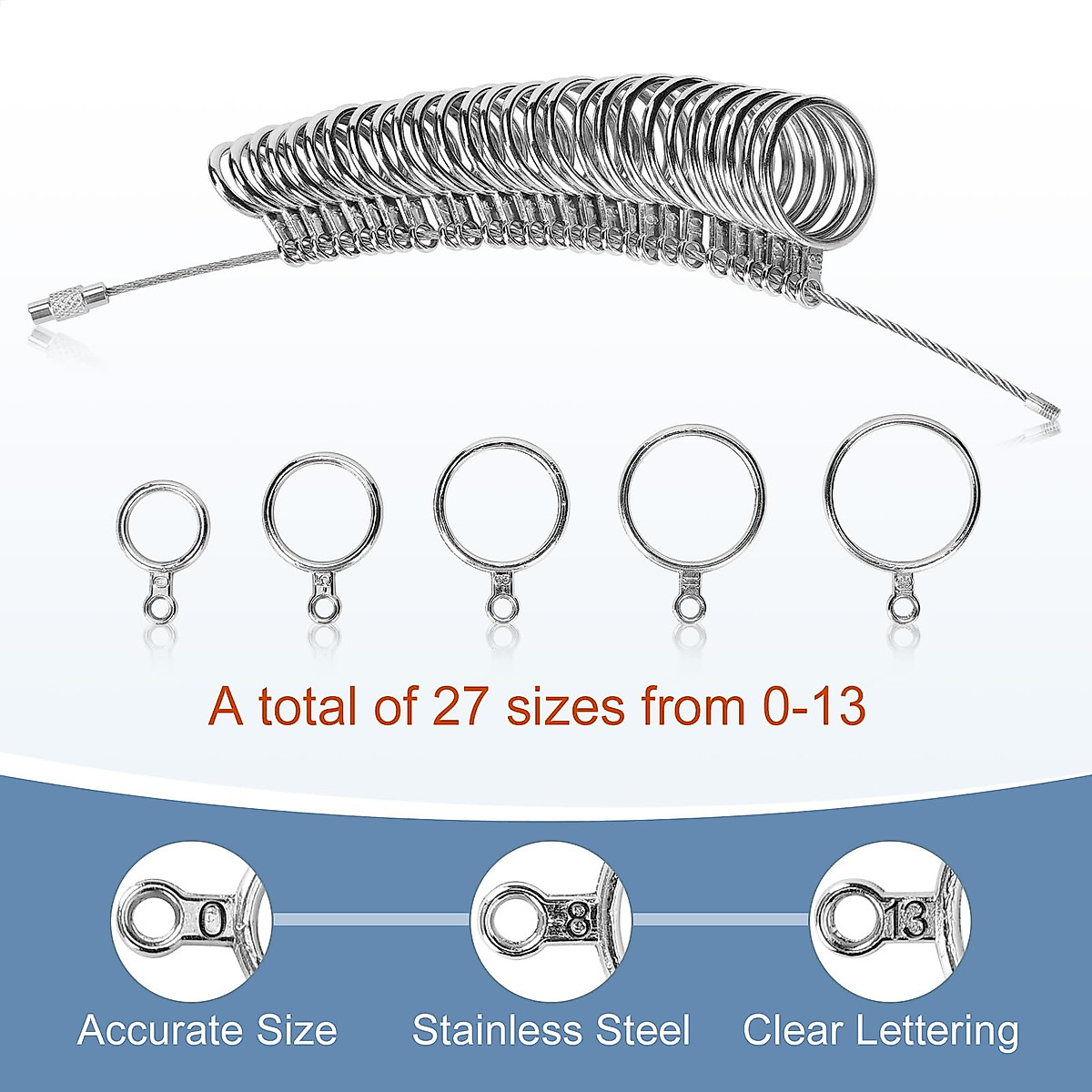 Ring Sizer Measuring Tool Kit Upgraded, 27 PCS Stainless Steel Measuring Ring Tool, US Ring Size 0-13 with Half Size, 2 PCS Reusable Finger Size 1-17 USA Rings Size with Magnified Glass