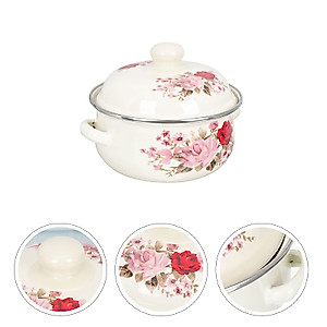 1L Flower Enamel Stock Pot with Lid Large Cooking Pot Flat Bottom Stew Pot for Soup, Stew, Canning