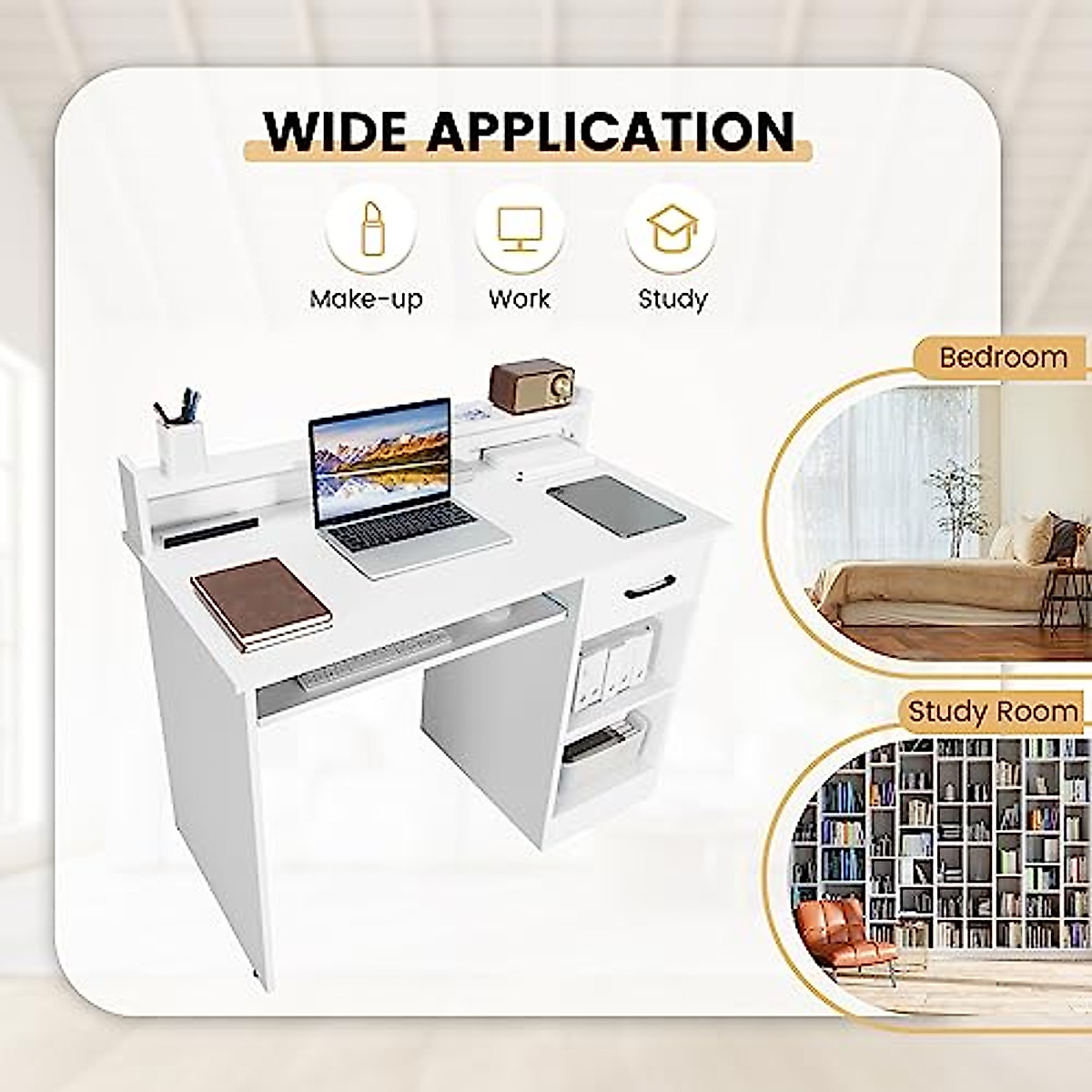 GOFLAME White Computer Desk, Home Office Desk with Large Drawers, Hutch, Keyboard Tray, 5-Position Adjustable Open Shelves, Easy Assembly, Writing Desk for Bedroom, Small Space, Living Room(White)