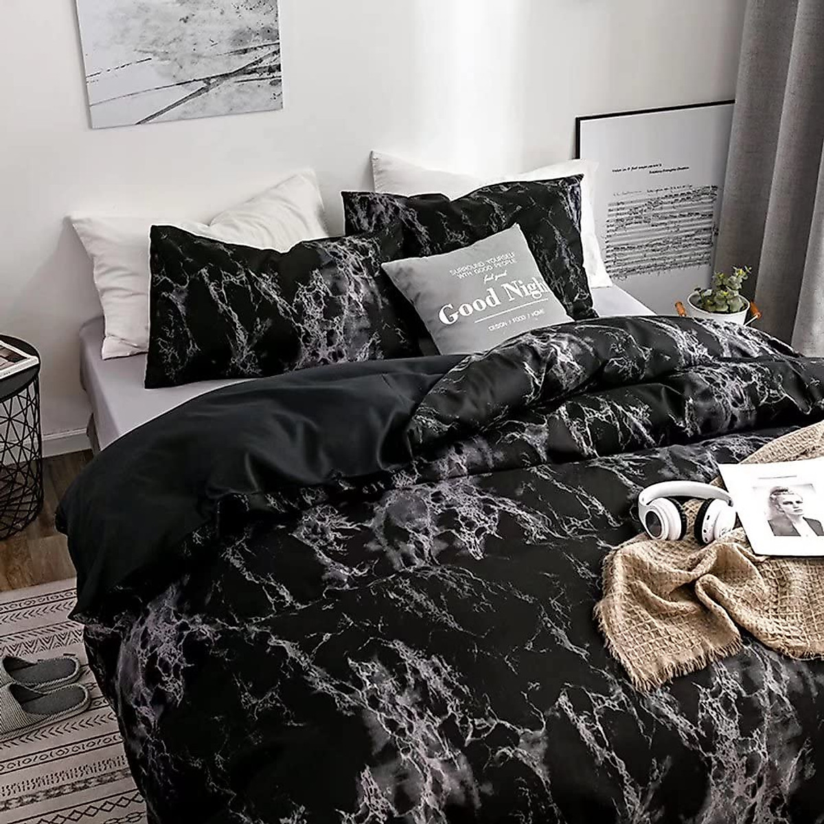 MvchennL Duvet Cover Set, Marble Comforter Cover with Cool and Soft 100% Washed Microfiber, 3Pcs Bedding Set with Zipper Closure & Corner Ties - Black, 104x90 inches (King)