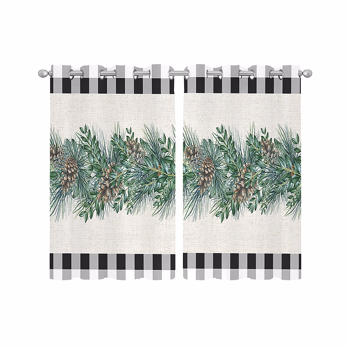 Christmas Sheer Curtains 39 Inches Long, Pine Branch Pine Cone on Buffalo Plaid Window Curtain Drapes Light Filtering Voile Curtains for Bedroom/Living Room/Kitchen (W27.5 x L39 Inch, 2 Panels)
