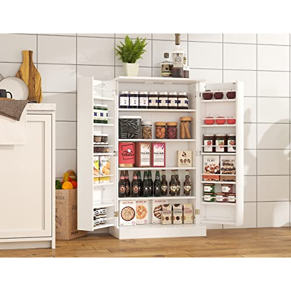 Yusong Kitchen Pantry Storage Cabinet Cupboard with Doors and 6 Adjustable Shelves for Small Space, Farmhouse Pantries Organization Cabinet for Dining Room, Living Room, White