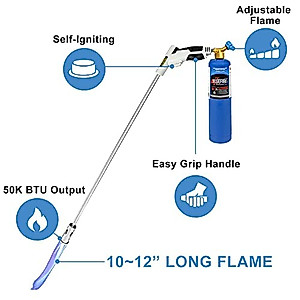 BLUEFIRE 35" long Propane Torch Weed Burner Self Igniting Cord Free Flamethrower Weed Torch Propane Burner for Yards, Lawns, Garden Work, BBQ Pits, Ice Melting
