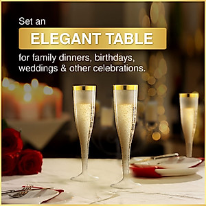 CHATEAU FINE TABLEWARE 36 Plastic Champagne Flutes, 6.5 Oz Plastic Glasses Gold Rim & Glitter Gold Mimosa Glasses, Brunch Decor, Plastic Flutes Champagne Disposable