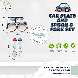 ARI MES Car Shaped Plate and Spoon & Fork Set Divided Plate BPA Free Eco-Friendly Food Level Dinnerware Toddler Child Children Kids Snack Meal Plate Feeding Picky Eater Boys (CAR PLATE + SPOON & FORK)
