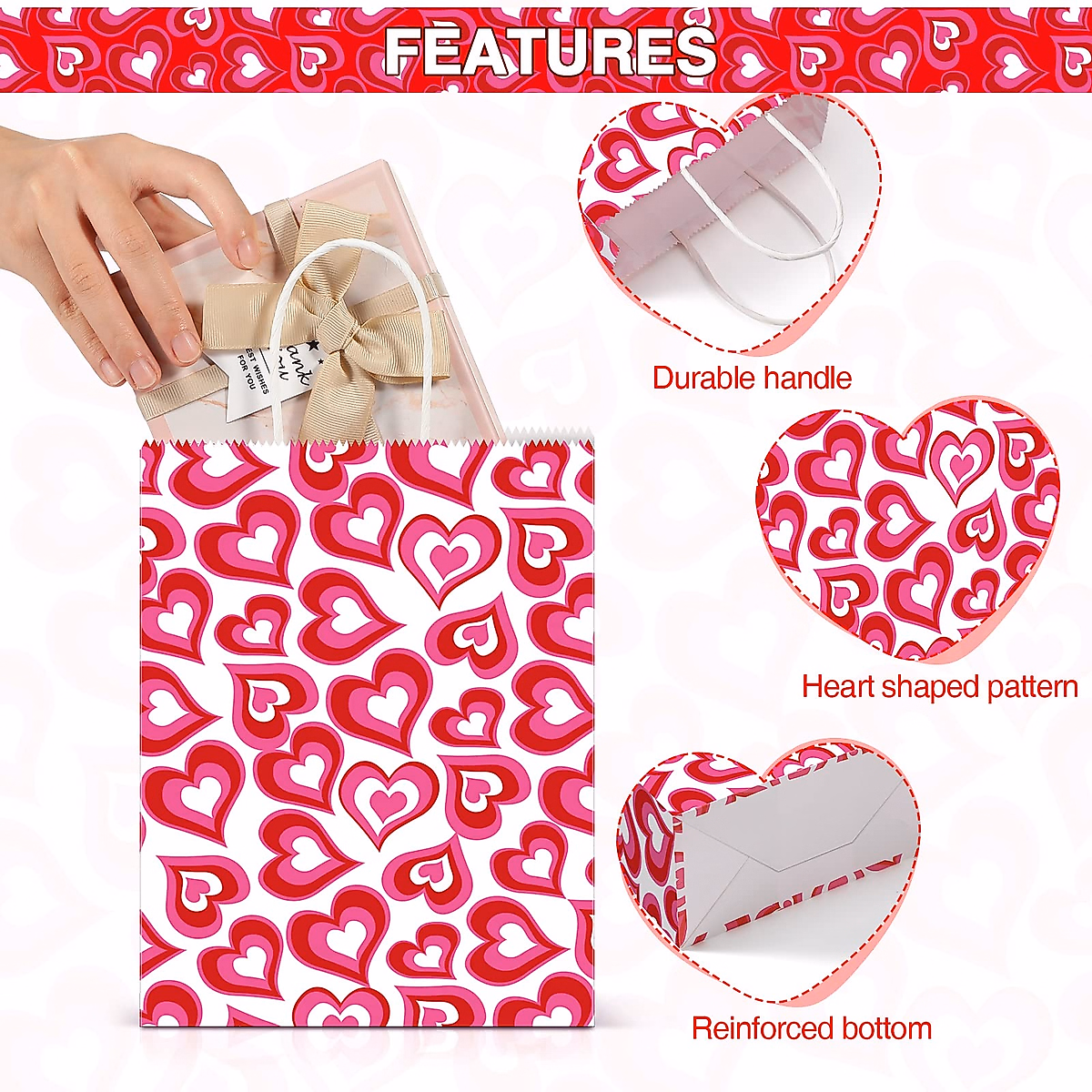 32 Pcs Valentines Day Gift Bags Valentines Kraft Paper Bags with Tissue Paper Heart Shaped Treat Goodies Bag for Wedding Valentines Party Gift Giving Kids Classroom Exchange Prizes, 8.7 x 6.3 x 3 inch