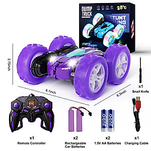 28℃ Remote Control Car for Boys, Drift High Speed RC Cars, 4WD 2.4Ghz Rechargeable RC Truck with Double Sided 360 Flips and Headlights Wheel Lights, Off-Road Stunt Toy Car for Kids Boy Girls (Purple)