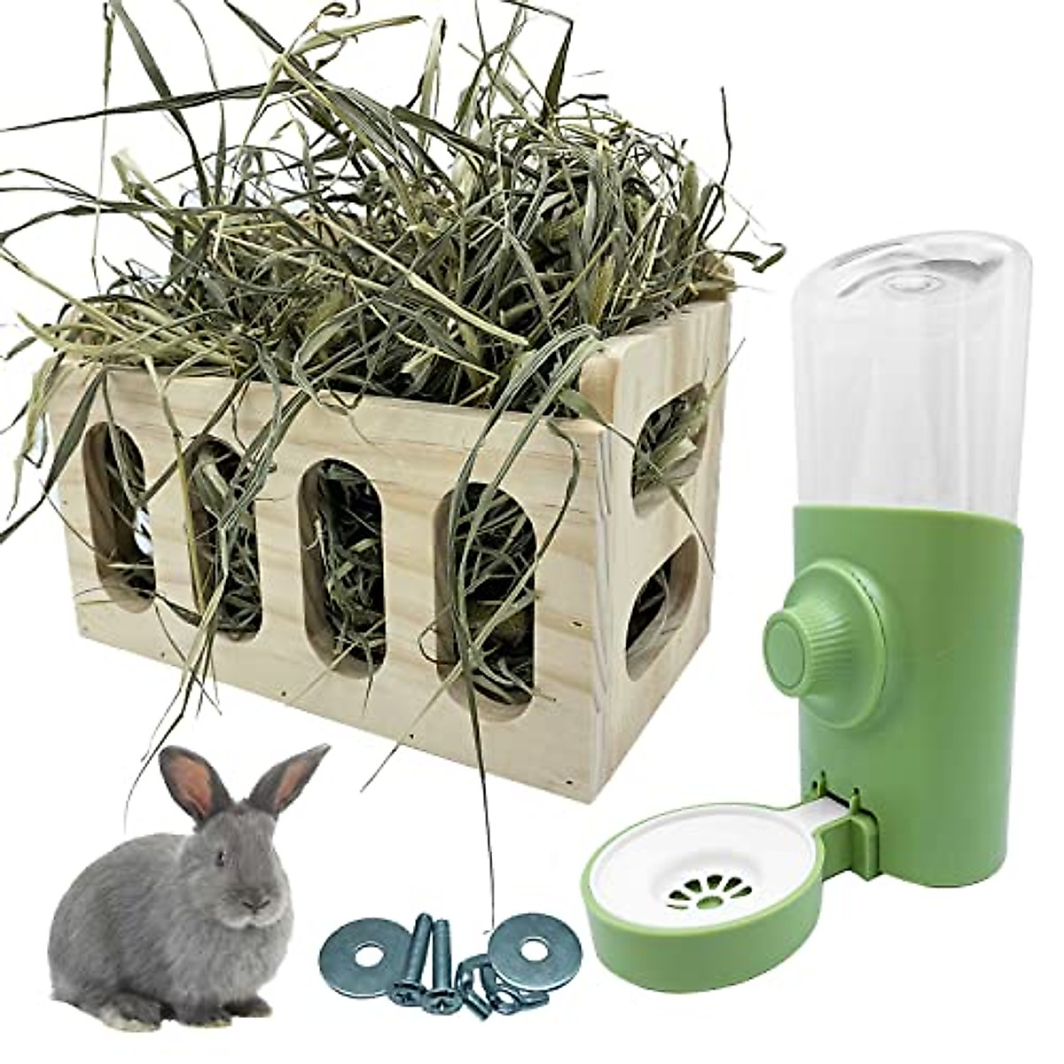 WEWAYKGJ Rabbit Hay Feeder Wooden Hay Rack Automatic Water Bottle Less Wasted Hay Feeder for Rabbit Bunny Chinchillas Guinea Pig Small Animal Supplies (Horizontal)