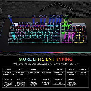 Fiodio Mechanical Gaming Keyboard, Fantastic LED Rainbow Backlit Wired Keyboard, Full Anti-Ghosting Keys, with Quick-Response Blue Switches and Multimedia Control for PC and Desktop Computer