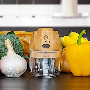 FYD Electric Garlic Chopper, Portable Onion Chopper - Spice Grinder Electric with Type C Charge Port - Veggie Chopper for Chili Ginger Onion Vegetable Fruit and Nuts - 250ML (Light Wood)