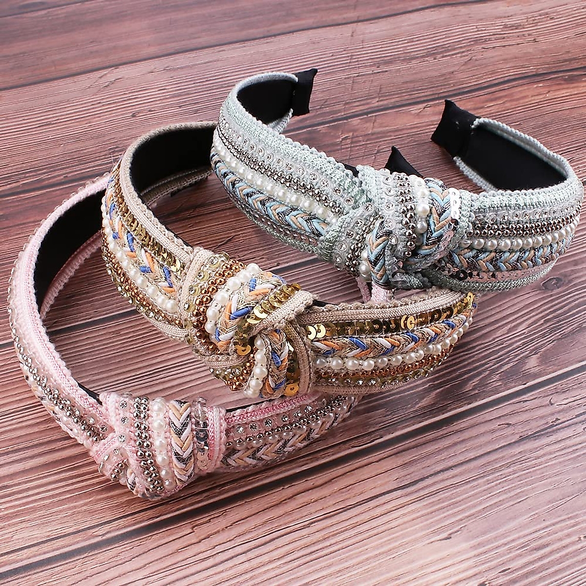 Knotted Headbands for Women, TOBATOBA 3 Pack Rhinestones Pearl Beaded Headbands, Top Knot Boho Headbands, Wide Turban Crystal Pearl Sequin Headbands, Vintage Non Slip Diamond Beaded Bling Hair Band Diademas con Perlas