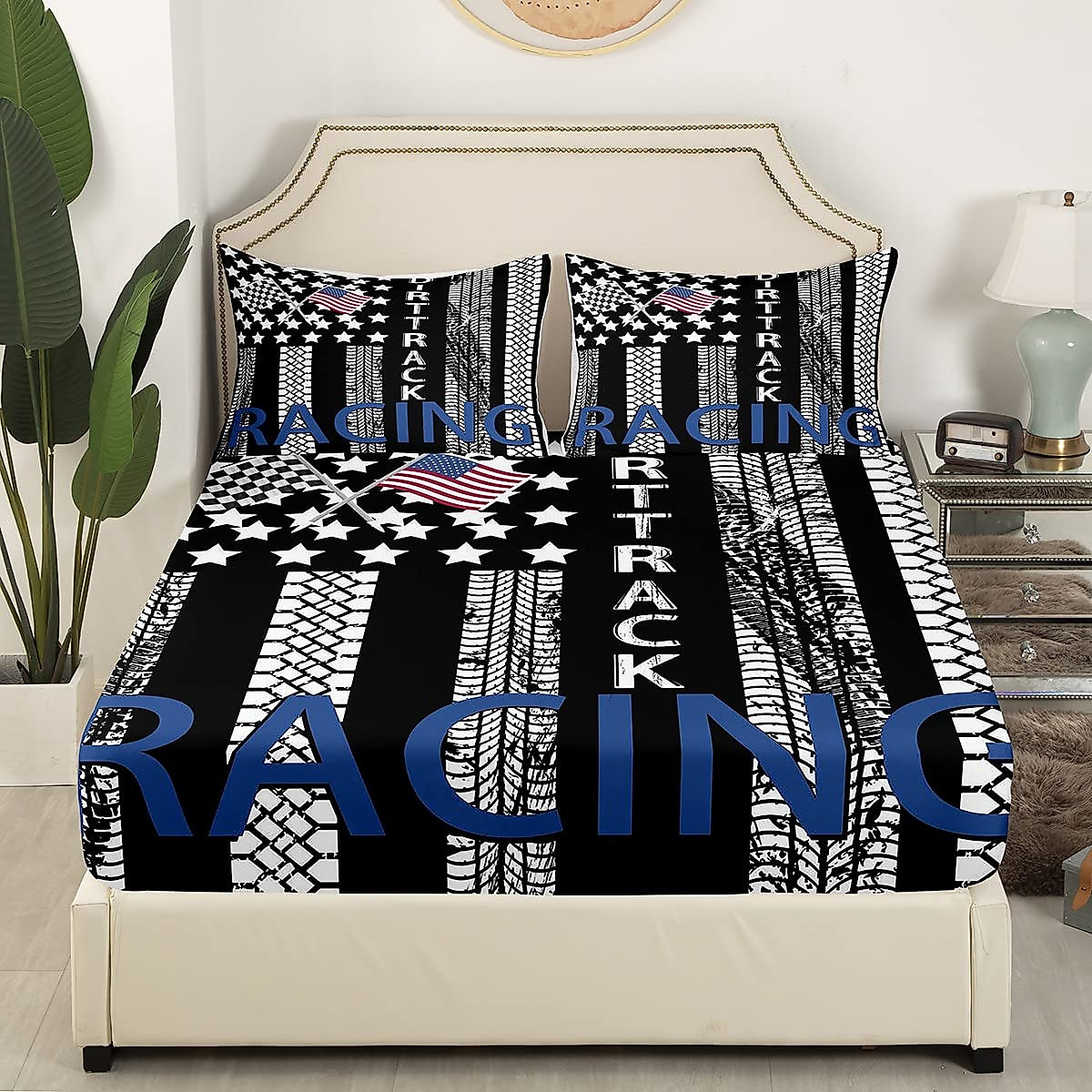 Erosebridal American Flag Sheet Set,Dirt Racing Track Bed Sheets Queen for Kids Boys Teens,Black White Grunge Star Stripe Bedding Set,Grunge Extreme Sports Fitted Sheet + Flat Sheet + 2 Pillowcases