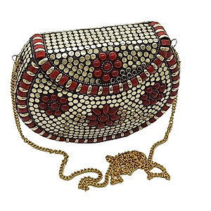 Trend Overseas Multicolor Acrylic Stone Golden metal Bead Clutch Girls Bridal Bag for women/Girl party clutch, Acrylic Red