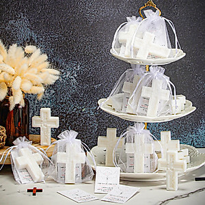 Swiffen 50 Sets Baby Shower Baptism Favors Set Cross Soap with Greeting Cards Organza Bag Scented Soap Favors Christening Communion Baptism Party Favors for Guests Party Gender Reveal Gift