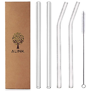 ALINK Clear Glass Straws, 9 in X 10 mm Reusable Straight & Bent Smoothie Straws, Set of 4 with Cleaning Brush