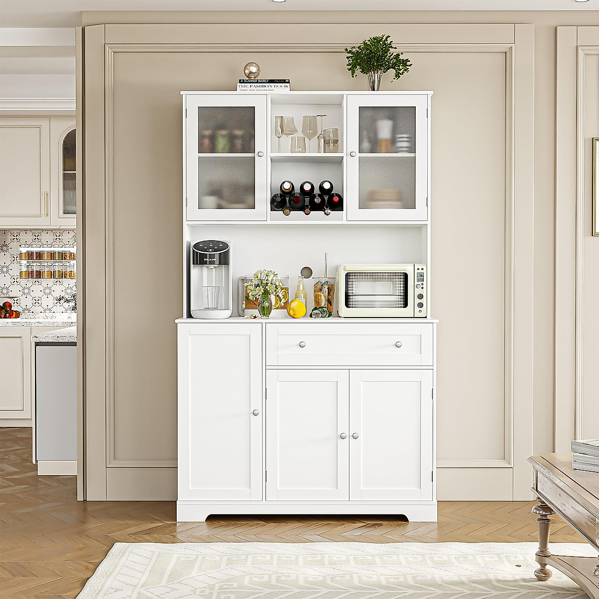 HOSTACK Kitchen Pantry Storage Cabinet, Modern Buffet Cabinet with Hutch, Tall Kitchen Hutch Cabinet with Microwave Stand, Food Pantry Cabinet with Doors and Shelves | Wine Rack for Dining Room, White