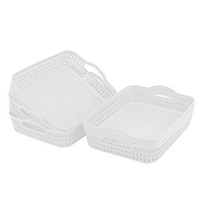 Sandmovie Plastic Woven Storage Basket Tray with Handles, White, 6 Packs