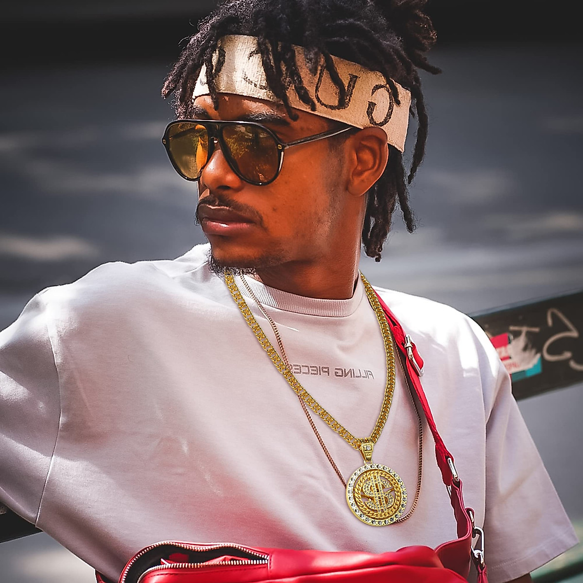 Krfy Gold Money Dollar Sign Chain Necklace For Men Rotatable Rapper Hip Hop Fake Chain 18k Gold Plated Halloween Old School Big Chunky Turnover Punk Style Necklace