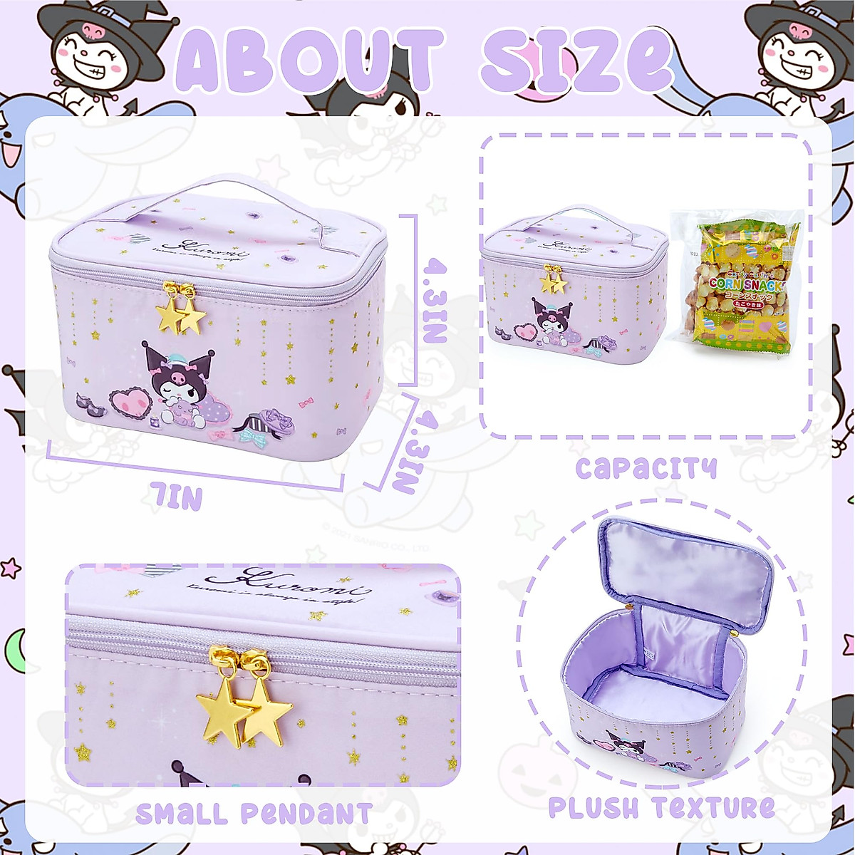 Ku-ro-mi Travel Cosmetic Bag PU Travel Toiletry Bag Makeup Accessories Mirror, Large Capacity Cartoon Cosmetic Pouch Makeup Bag with Zipper, Storage Bags Makeup Pouch for Women Girls