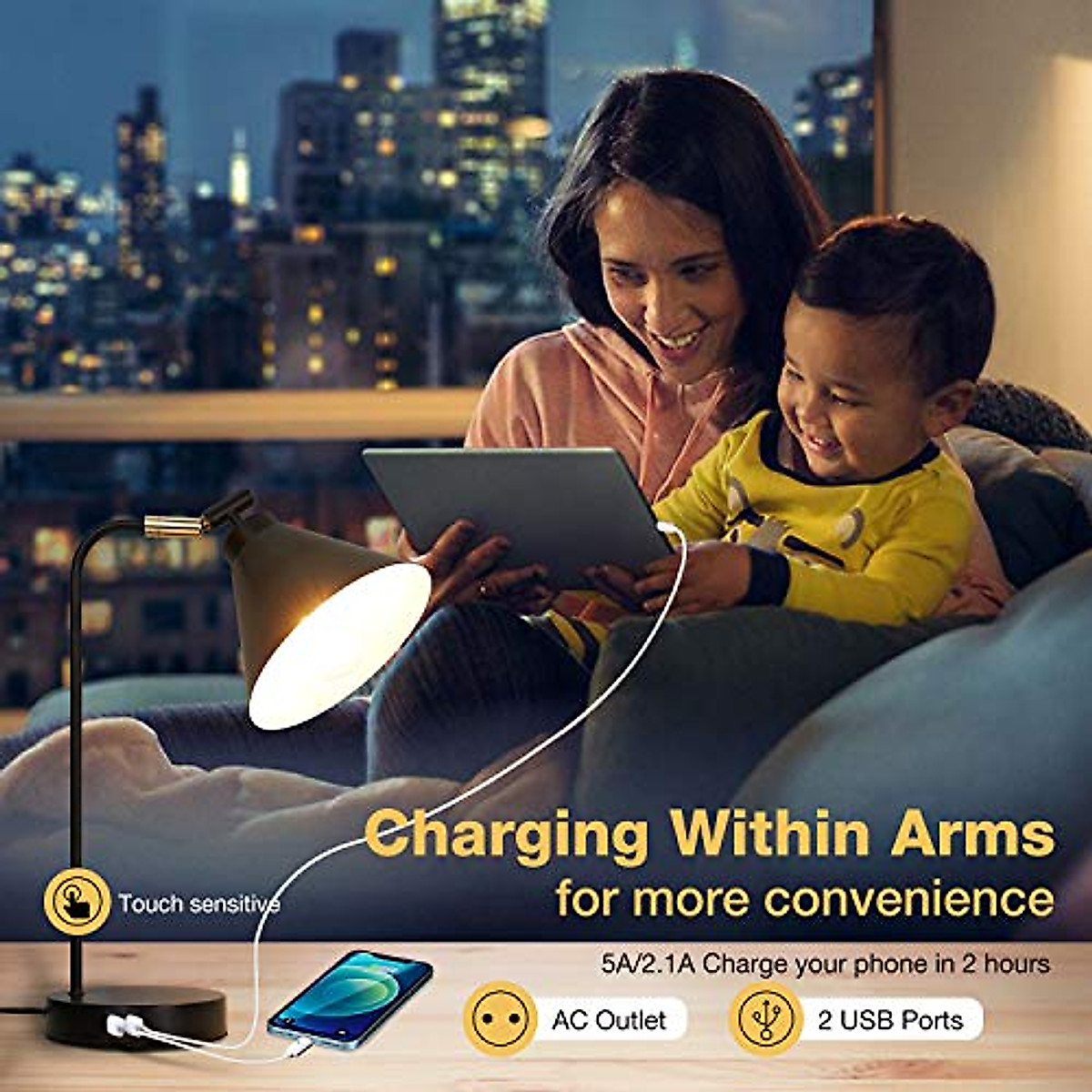 Industrial Black Bedroom Table Lamp, Dimmable Touch Control Bedside Lamp with 2 USB Charging Ports and AC Outlet, Nightstand Reading Lamp with Metal Flexible Head for Living Room Office, Bulb Included