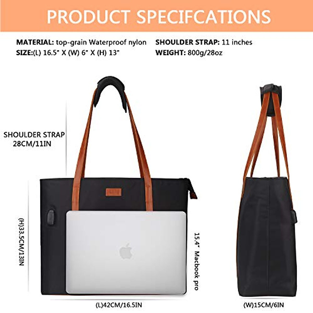 Laptop Tote Bag for Women Teacher Work Office USB Bags Fits 15.6 inches Laptop Lightweight Water Resistant Nylon Tote Bag (Black and Brown Strap)