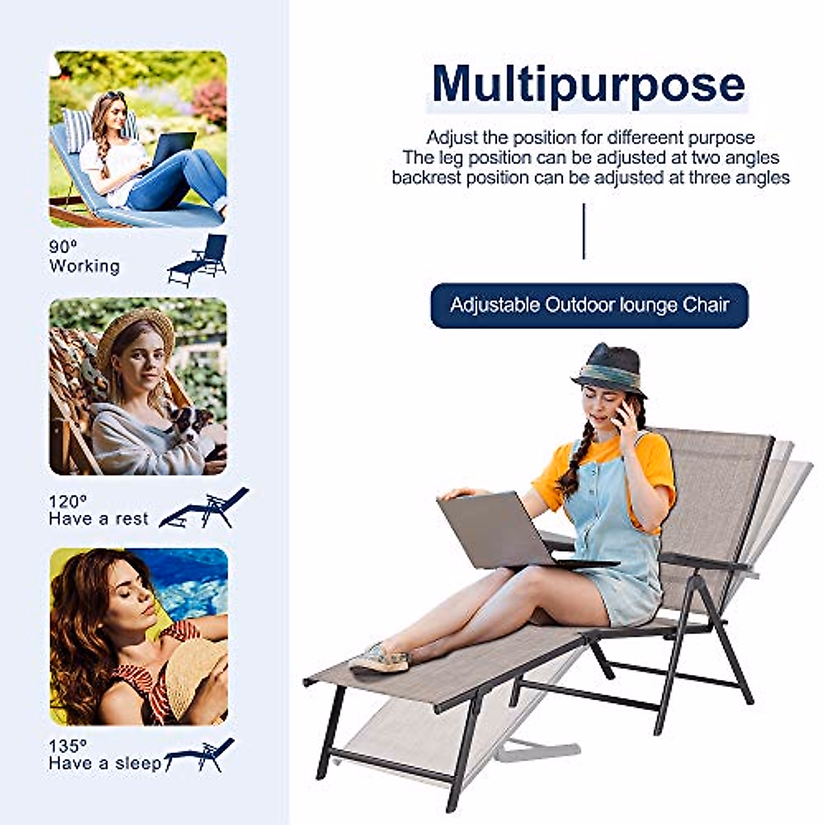 Vongrasig Patio Double Chaise Lounge Chairs Set of 2, Outdoor Adjustable Steel Textiline Folding Reclining Lounge Chair Outdoor Lay Out Chairs for Lawn Garden Pool Beach Yard, Brown